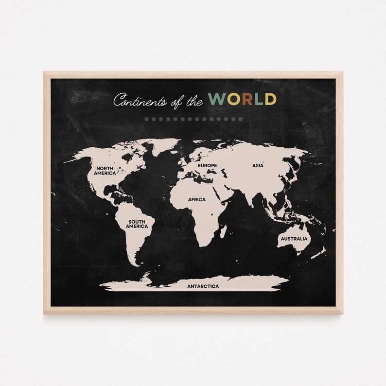 World Map Wall Art Continents Poster Educational Printable - Etsy