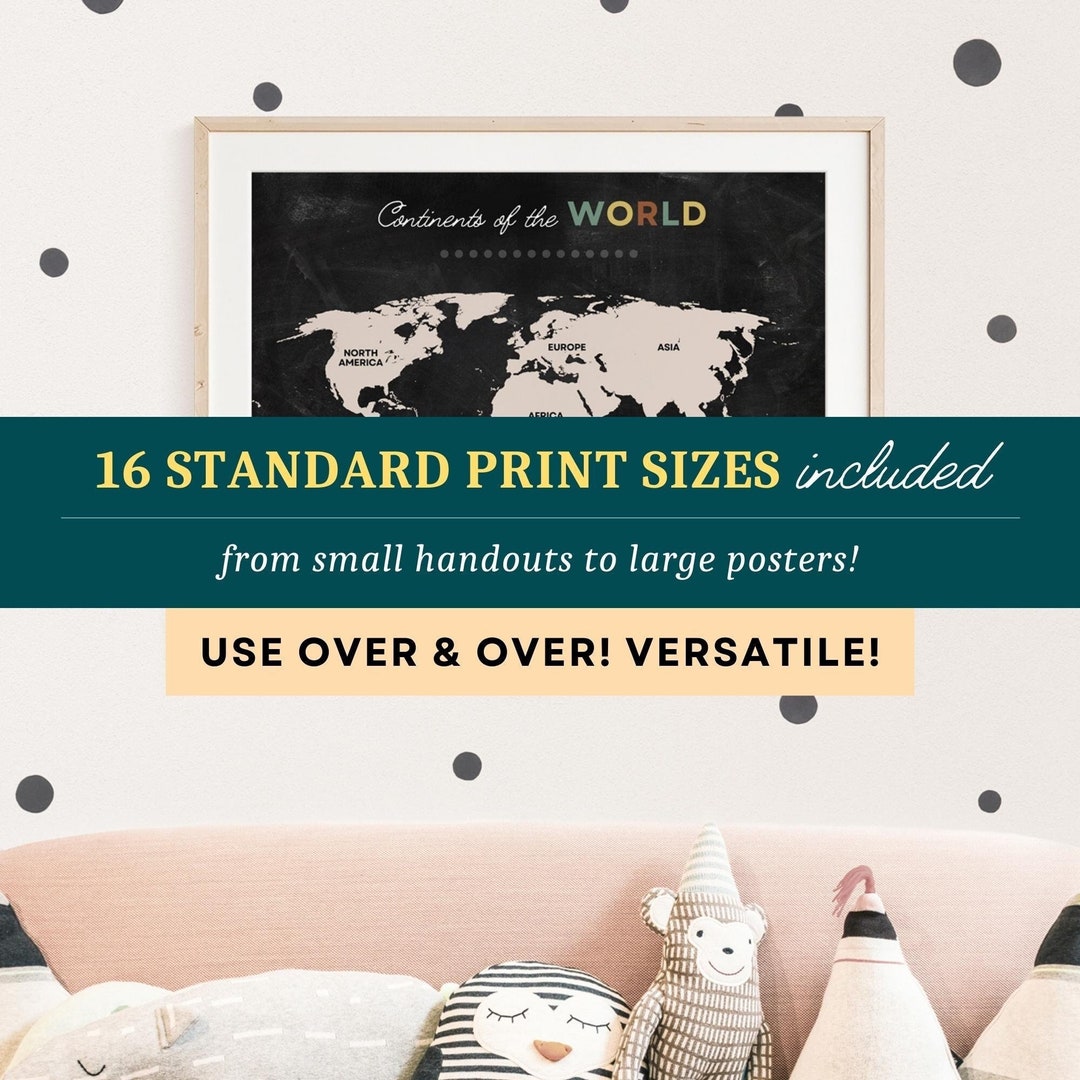 World Map Wall Art, Continents Poster, Educational Printable ...