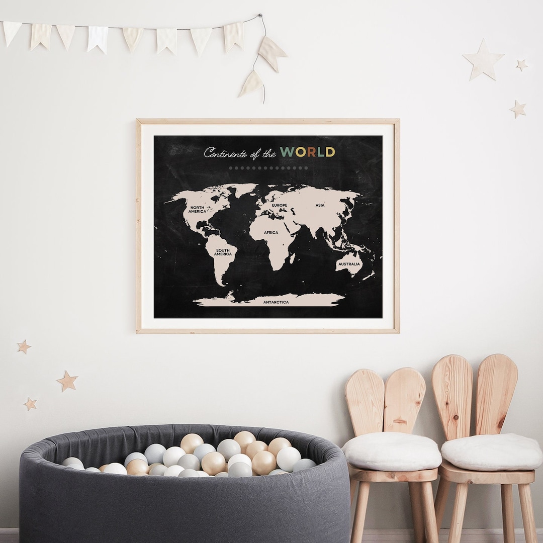 World Map Wall Art, Continents Poster, Educational Printable ...