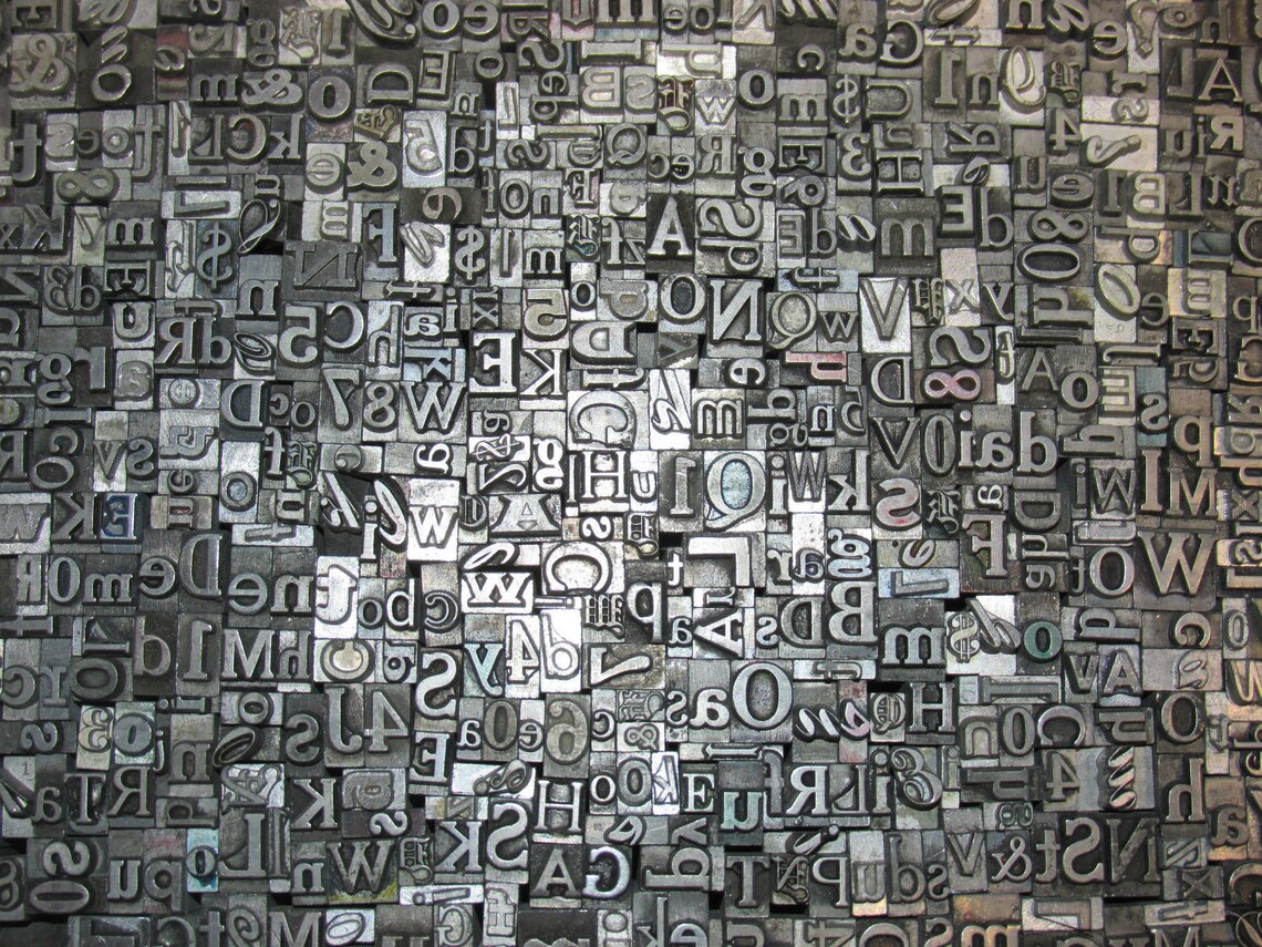 Lot of 200 Antique VINTAGE Metal LETTERPRESS Print Type Blocks ALPHABET ...