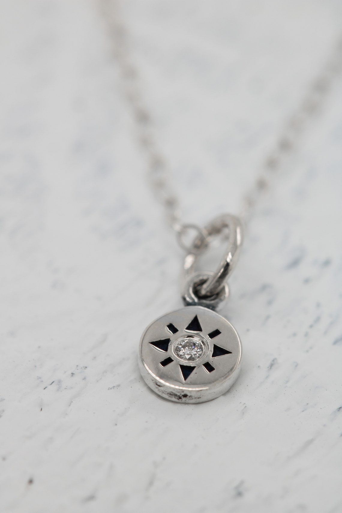 Tiny Sterling Silver Diamond Compass Charm Necklace | Etsy