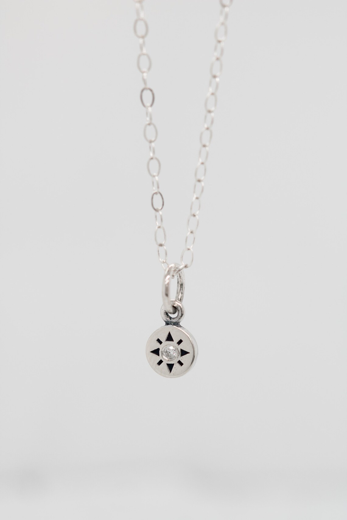 Tiny Sterling Silver Diamond Compass Charm Necklace | Etsy