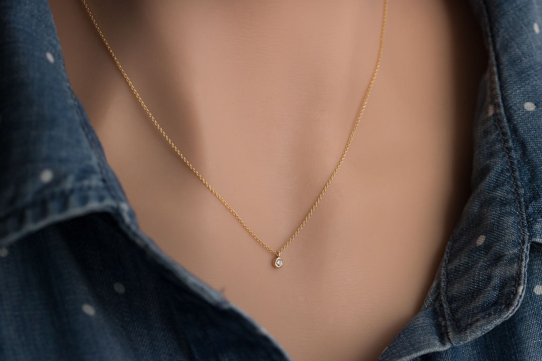 Tiny Diamond Necklace, 14k Solid Gold, Dainty Diamond Choker Necklace ...