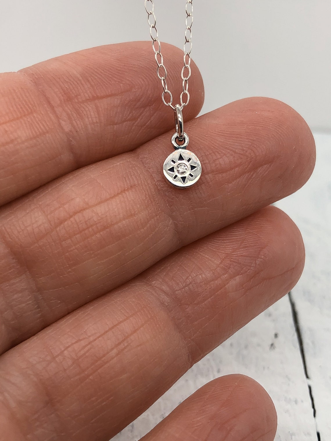 Tiny Sterling Silver Diamond Compass Charm Necklace | Etsy