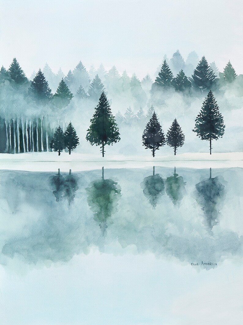 Lake Painting Reflection Watercolor Forest Watercolor - Etsy
