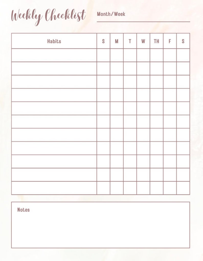 Minimalist Watercolor Weekly Checklist - Etsy