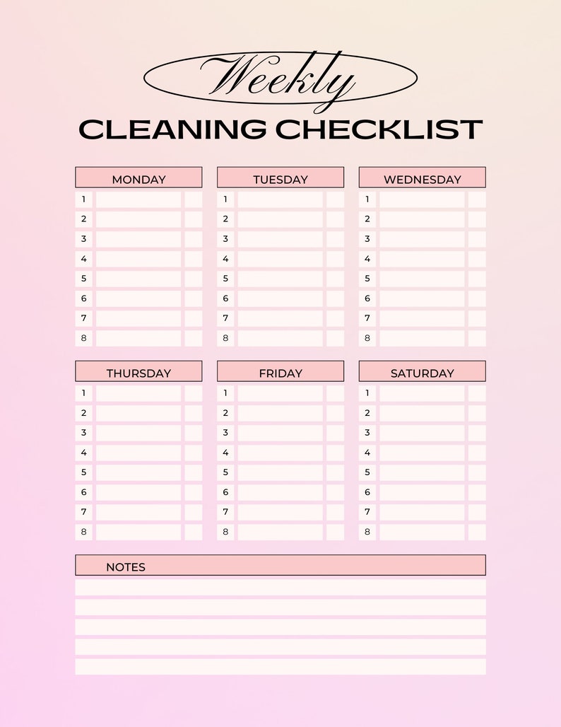 Weekly Cleaning Checklist - Etsy