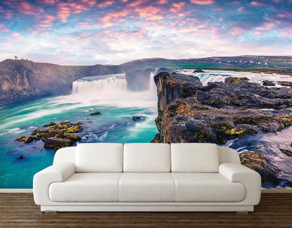 Pink Sunset And Waterfalls