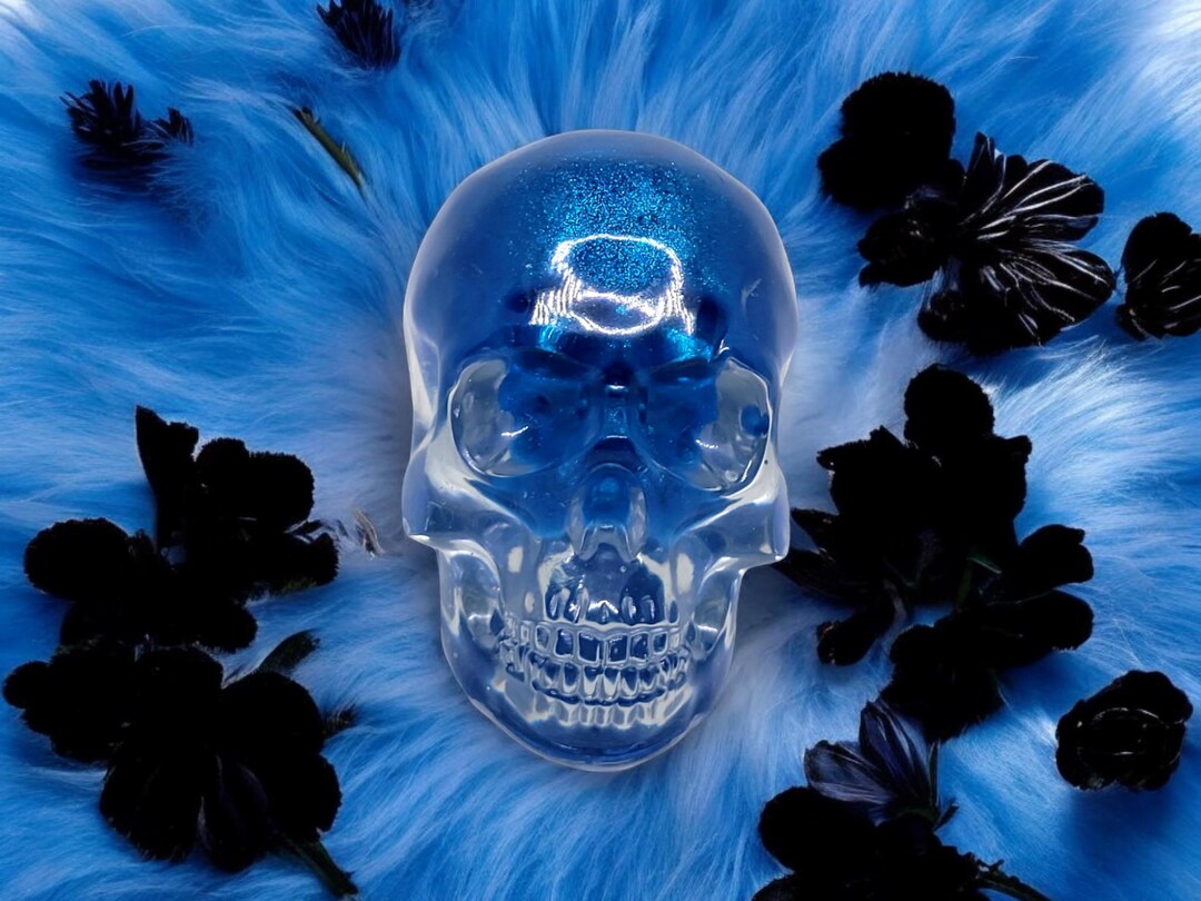 SKULL Inside a Skull Clear & Blue Design Handmade Resin Statue Figurine ...