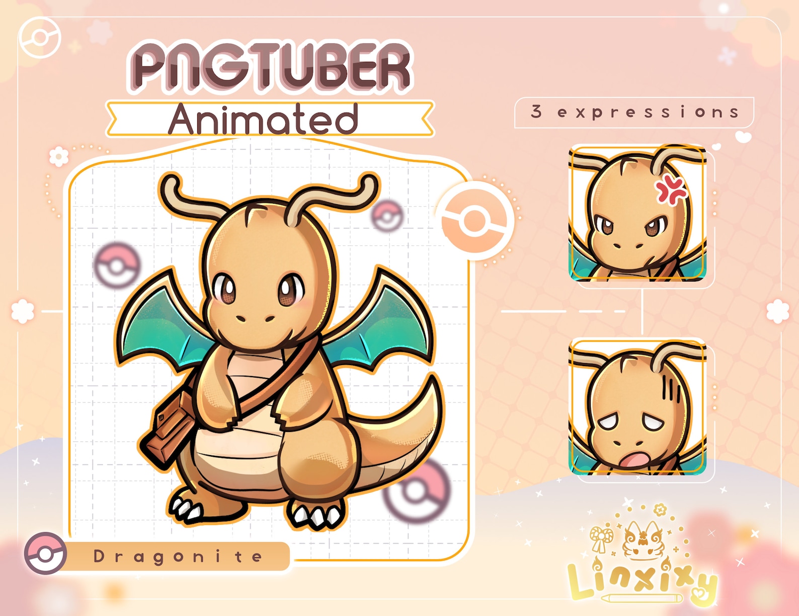 ANIMATED Pngtuber | Dragonite Pokemon [3 Expression] Stream File OBS ...