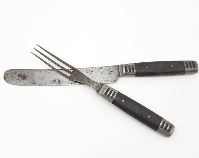 Vintage Antique Knife and 3 Prong Fork Wooden Handle Inlay Matching Set ...