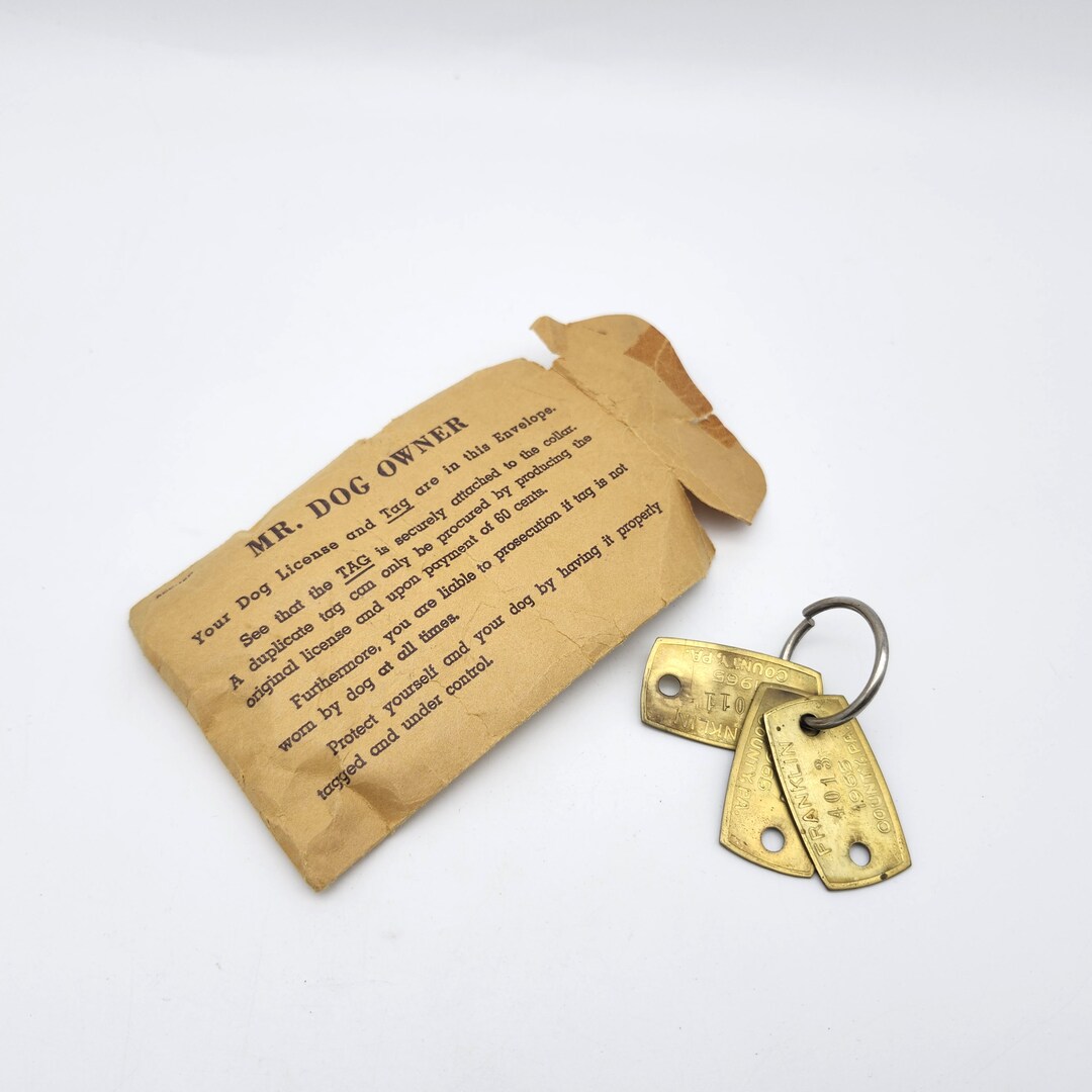 3 Vintage Dog License Tags 1965 Franklin County PA Brass Metal With ...