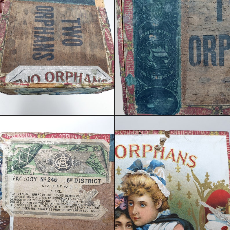 Vintage Wooden Cigar Box Two Orphans Girl Graphics Antique 1901 Tax ...