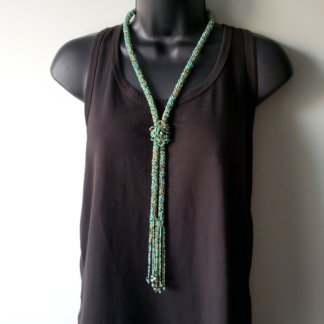 Vintage Beaded Rope Necklace Bolo Tassel Slide Turquoise Gold Handmade ...