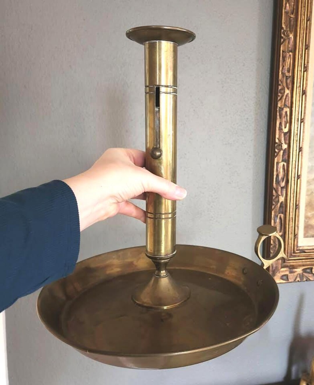 Vintage Large Brass 13" Candlestick Push up Candle Lever Finger Loop ...