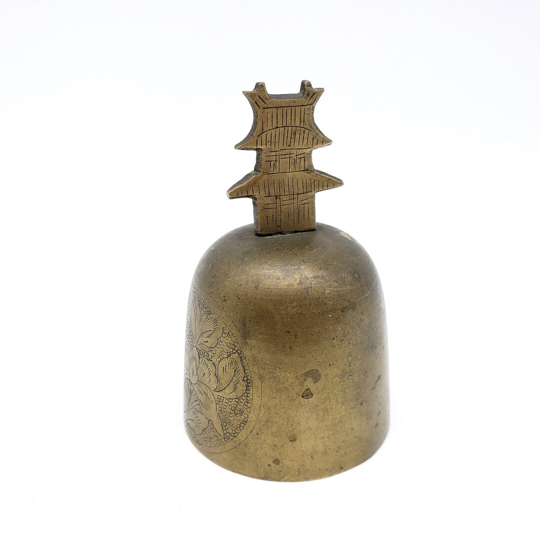 Vintage Brass Temple Hand Bell Etched Floral Design Chinese Pagoda ...