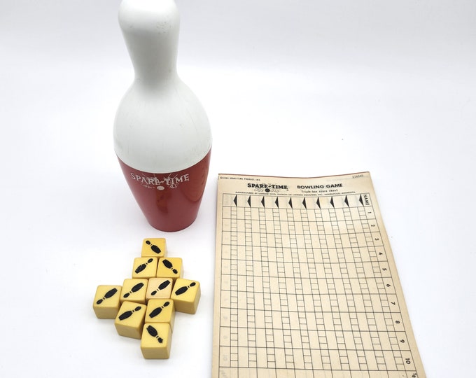 Vintage Spare Time Bowling Game Parts Dice Bowling Pin Shaker Cup Score ...