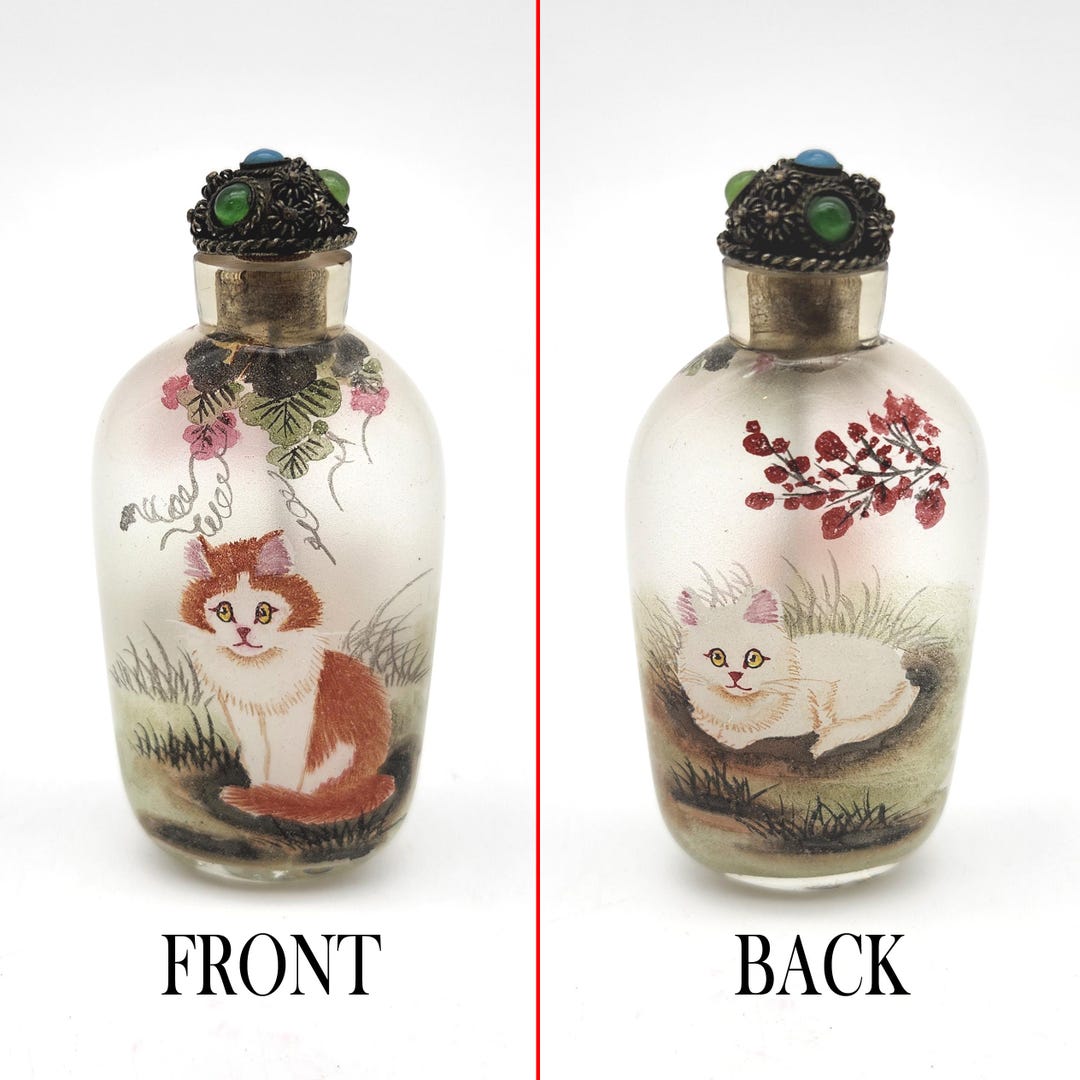 Vintage Cats Snuff Bottle Orange White With Metal Stone Top Miniature ...