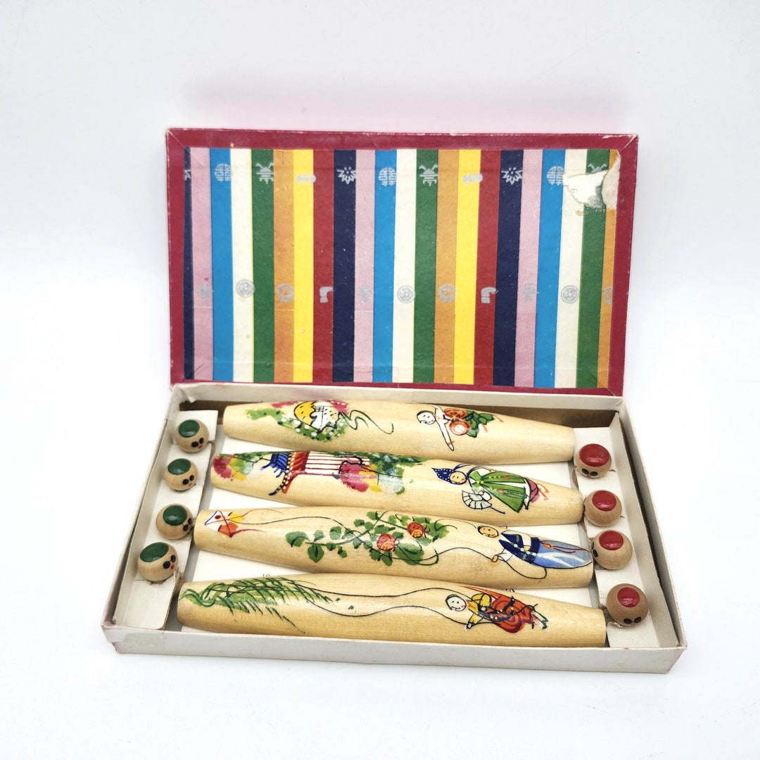 Vintage Yutnori Yute Korean Board Game Painted Wooden Sticks Cloth ...