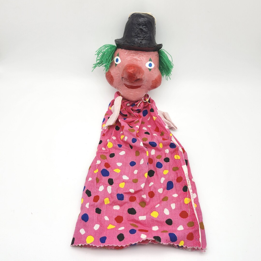 Vintage Clown Hand Puppet Composite Paper Mache Head Cloth Creepy Weird ...