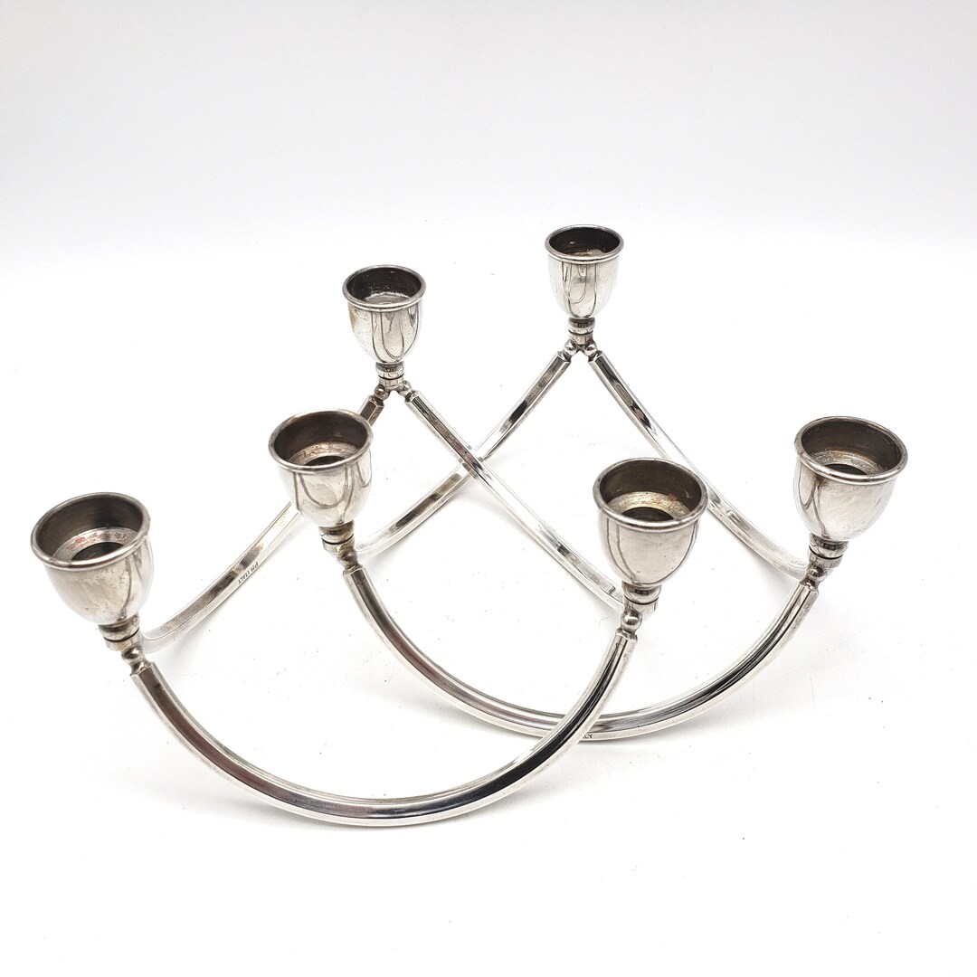 Vintage Triple Candlestick Holder Pair Set Silverplate Danish Modern ...