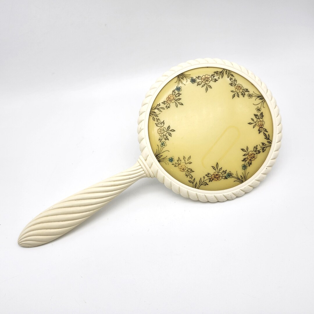 Vintage Hand Mirror Floral Swag Back Celluloid Plastic Swirled Handle ...