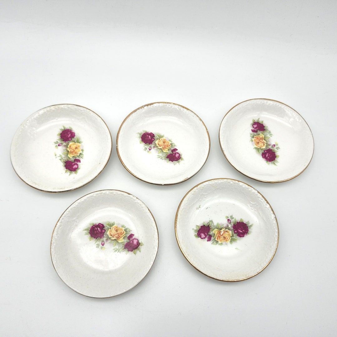 Vintage Butter Pats Mini Dishes Set of 5 Red Yellow Rose Floral Pattern ...