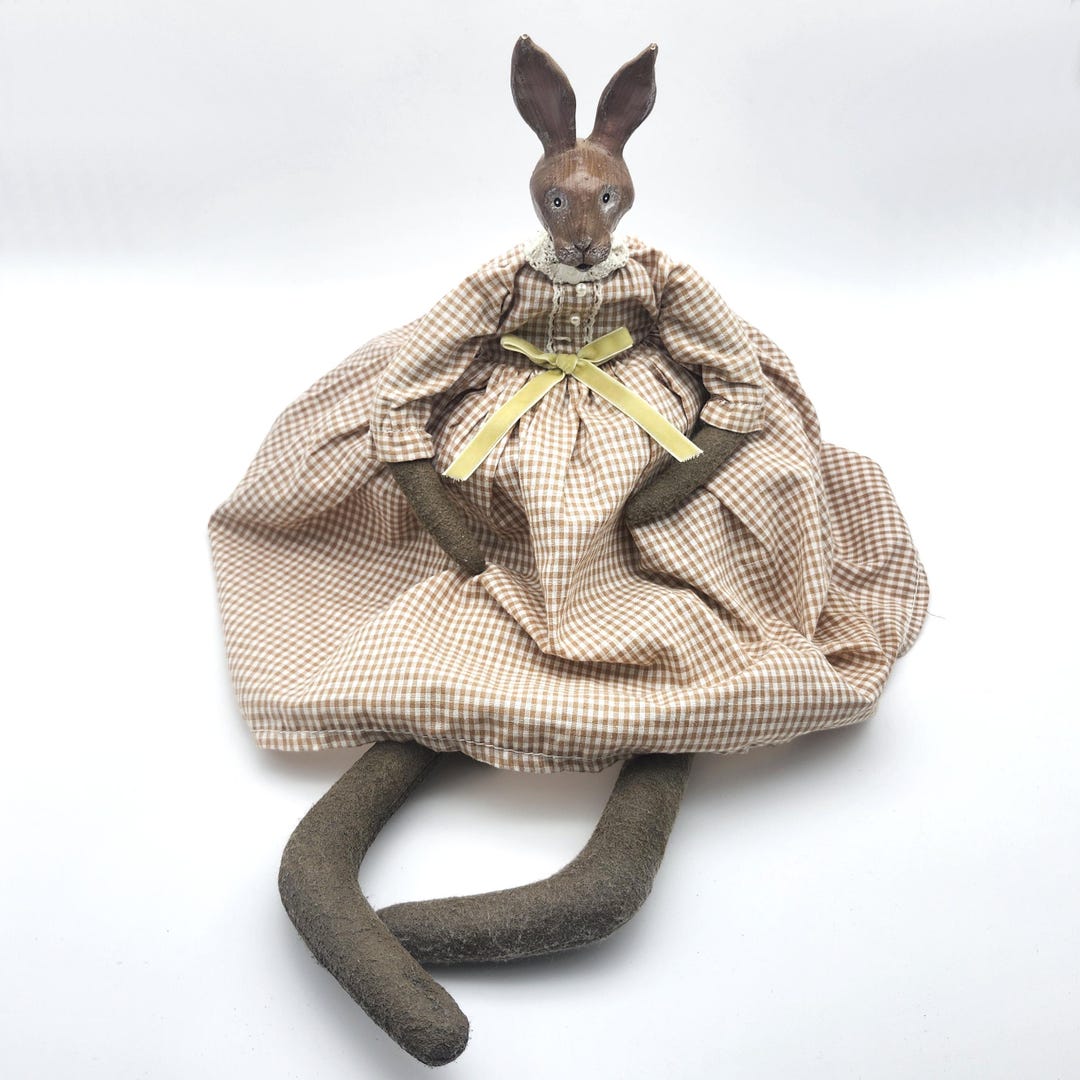 Vintage Folk Art Rabbit Doll 23" Ceramic Head Bust Stiff Cloth Feet ...