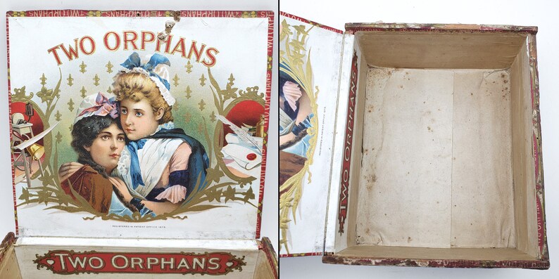 Vintage Wooden Cigar Box Two Orphans Girl Graphics Antique 1901 Tax ...