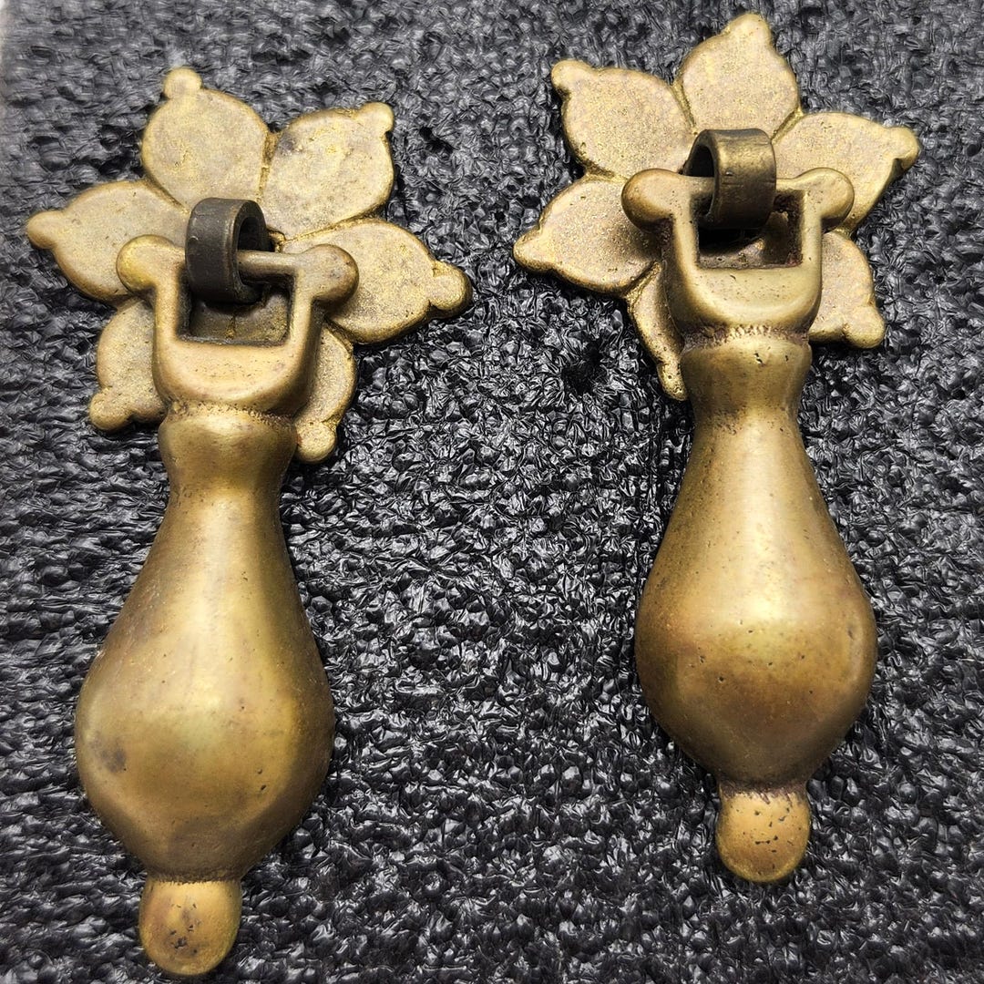 Vintage Brass Hardware Drop Pulls 2" Matching Pair Cotter Pin Flower ...