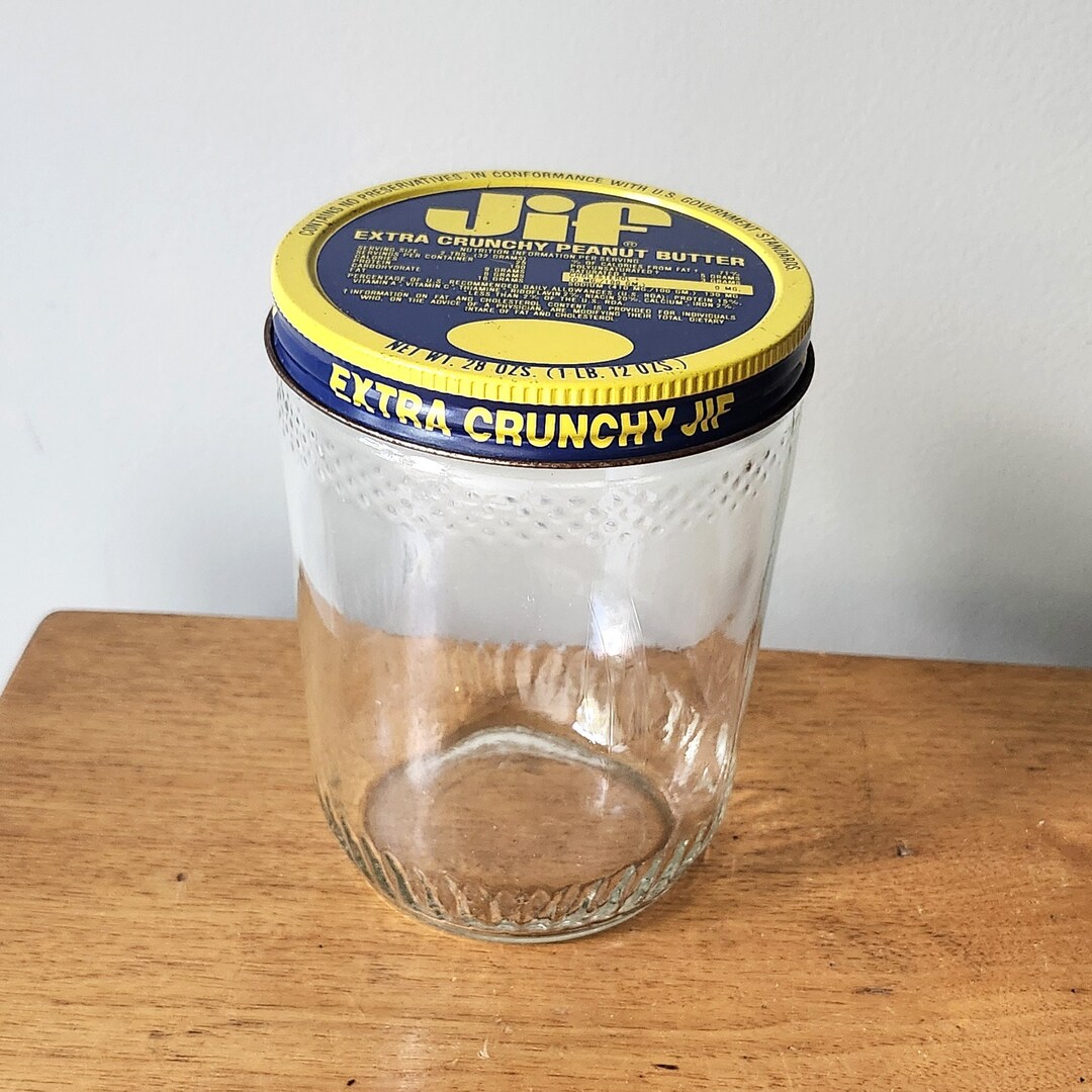 Vintage Glass Jar Jif Extra Crunchy Peanut Butter Yellow Blue Metal Lid ...