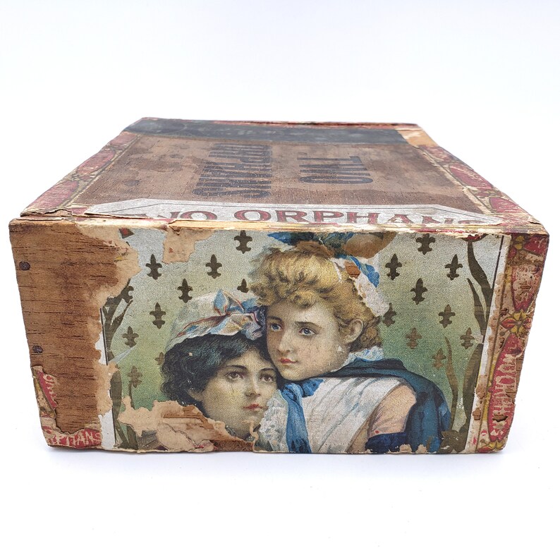 Vintage Wooden Cigar Box Two Orphans Girl Graphics Antique 1901 Tax ...