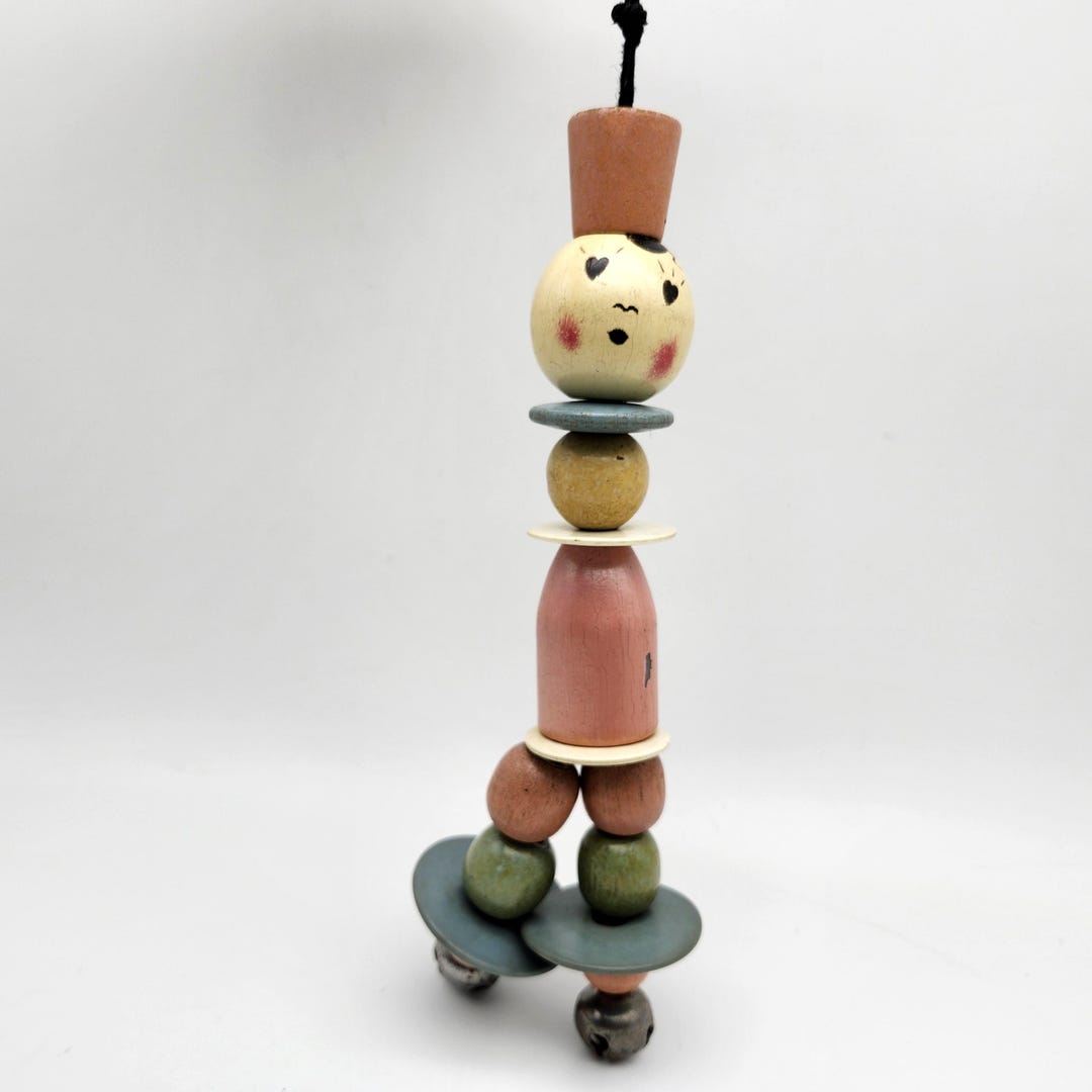 Vintage Wooden String Puppet Figure Toy Wood Beads Plastic Discs Bells ...