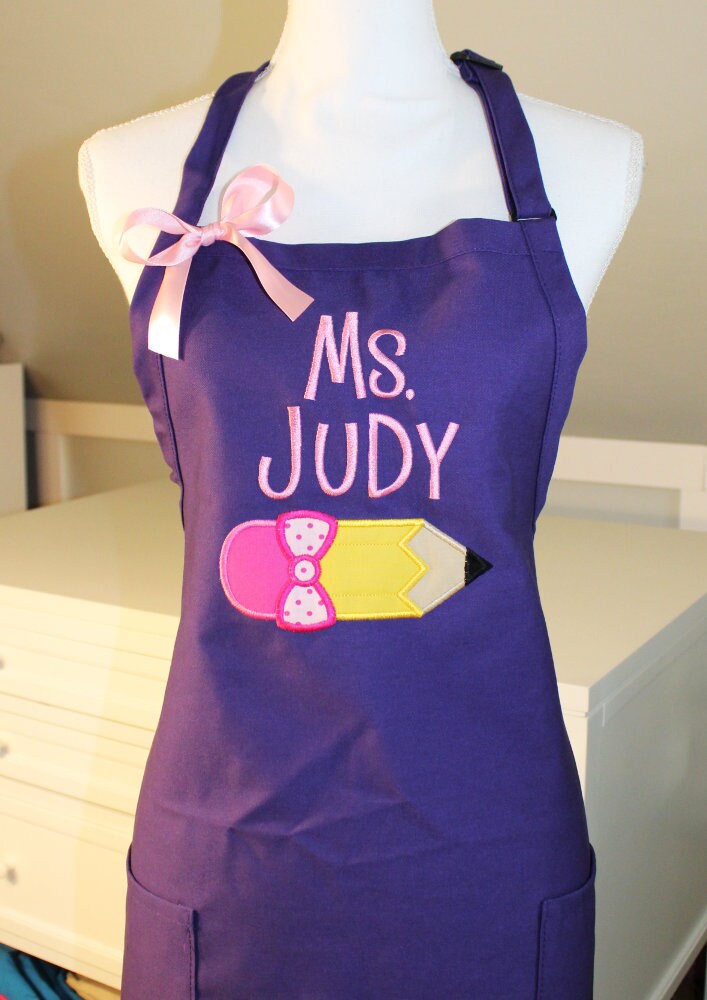 Mrs Teacher Apron with Appliqued Pencil with Bow Perfect | Etsy