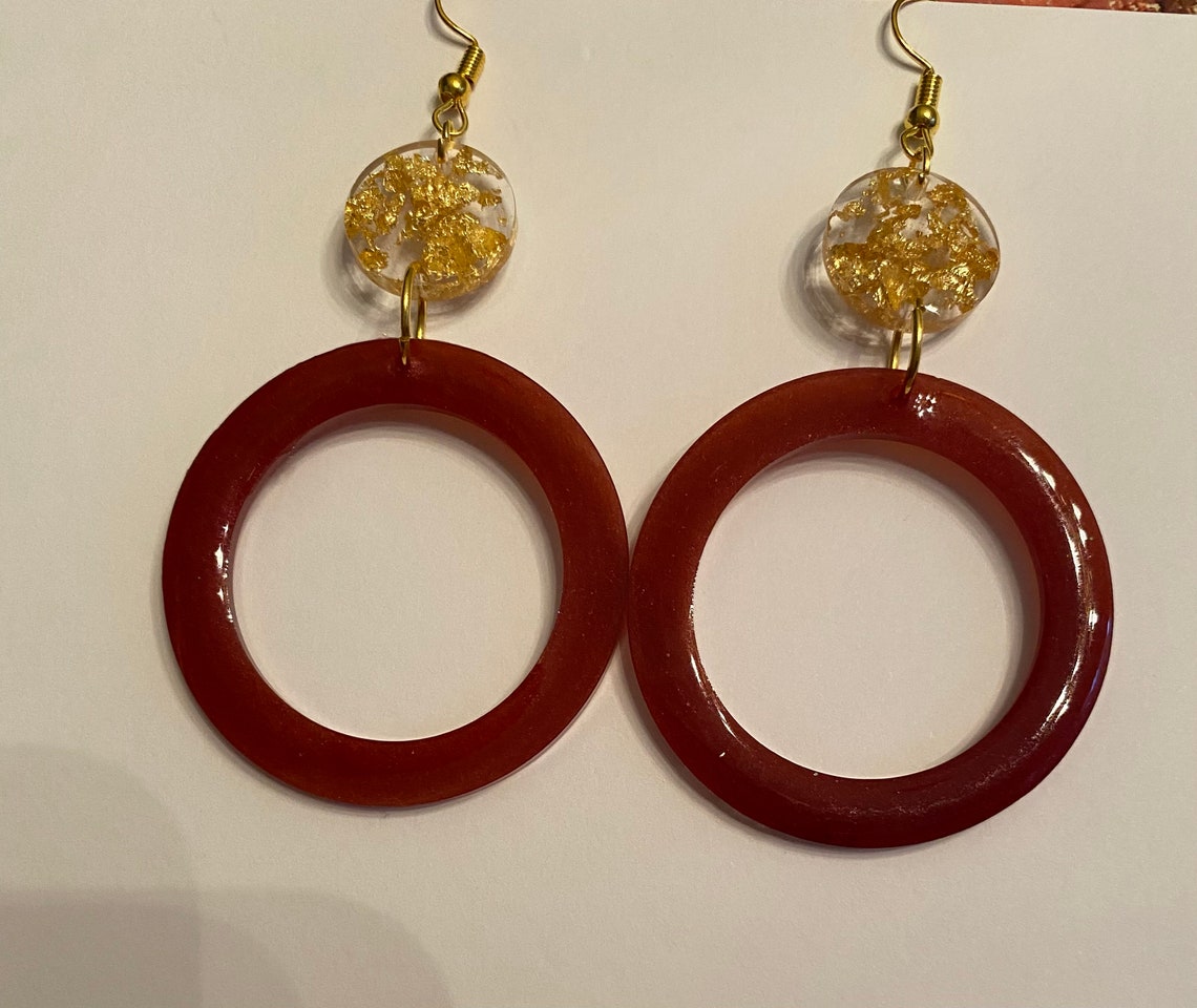 Maroon Dangle Earrings With Gold Flake. - Etsy UK