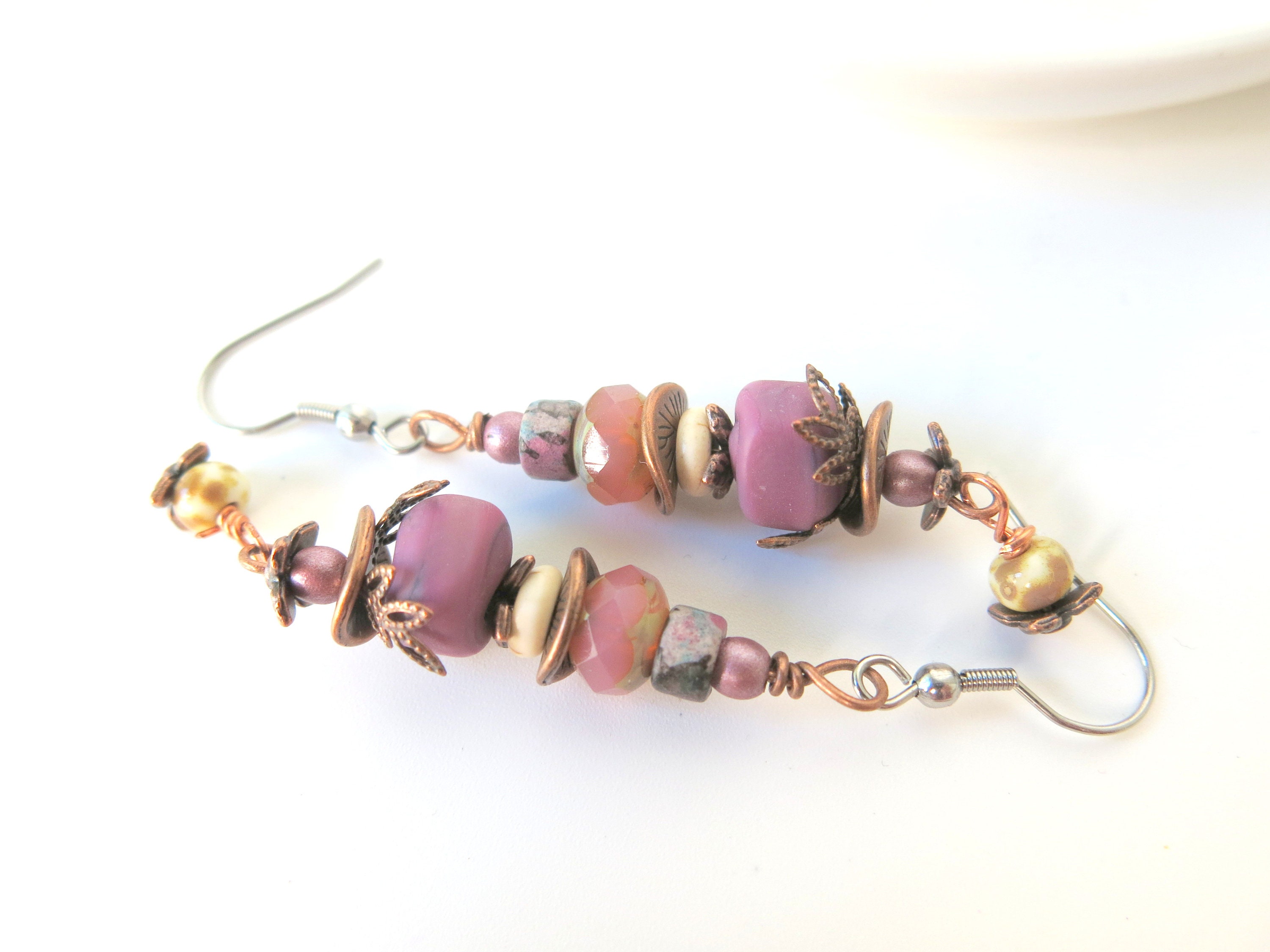 Rose Pink Dangle Drop Earrings Boho Style Dangle Earring Long Beaded ...