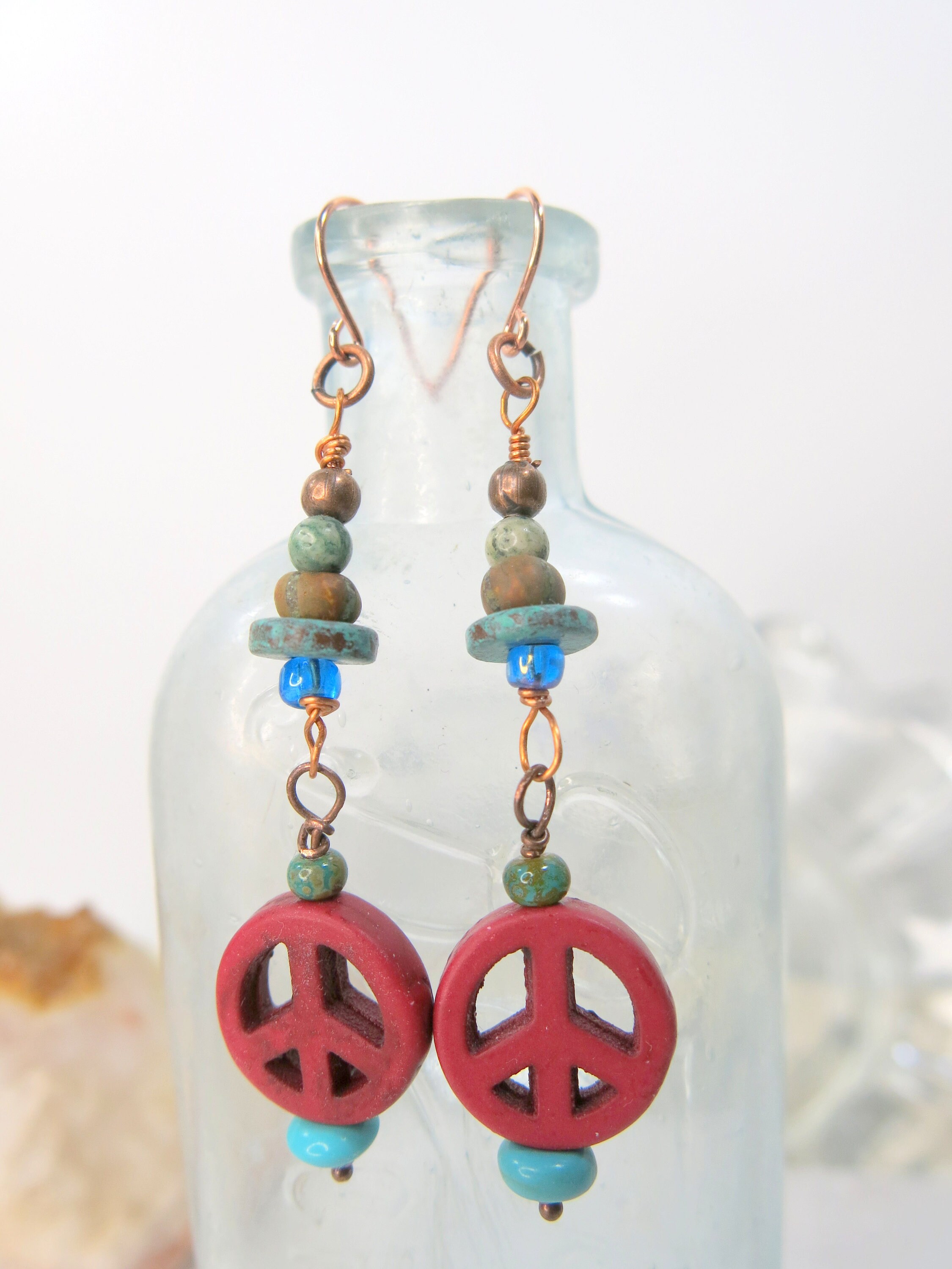 Long Dangle Drop Peace Sign Gift for Her Earrings Flower Power Hippie ...