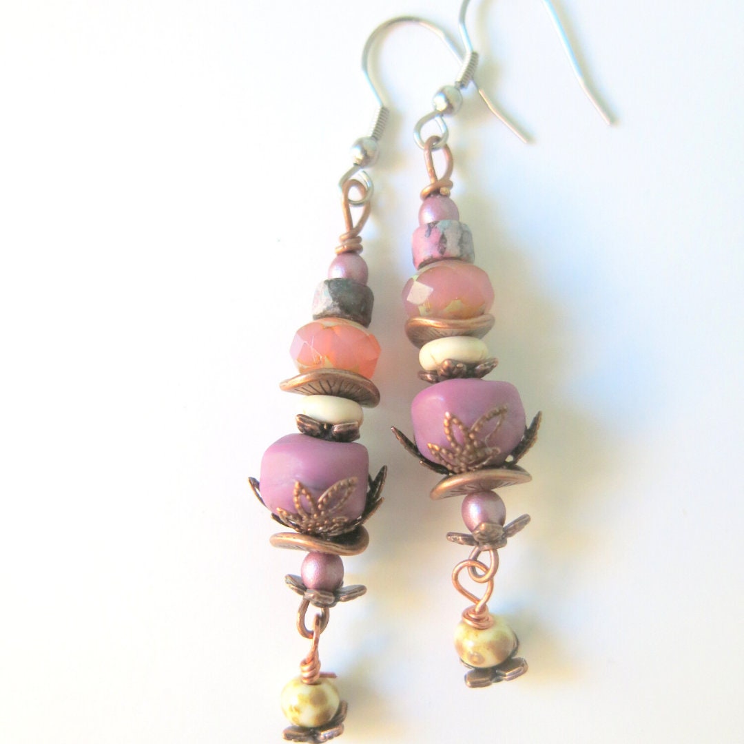 Rose Pink Dangle Drop Earrings Boho Style Dangle Earring Long Beaded ...