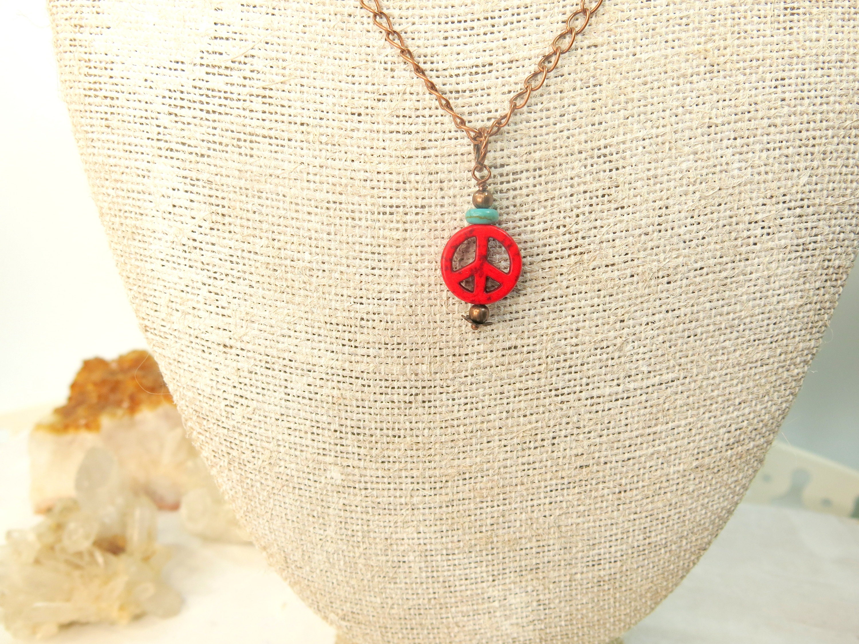 Peace Sign Copper Necklace Hippie Necklace Bohemian Peace Pendant Red ...