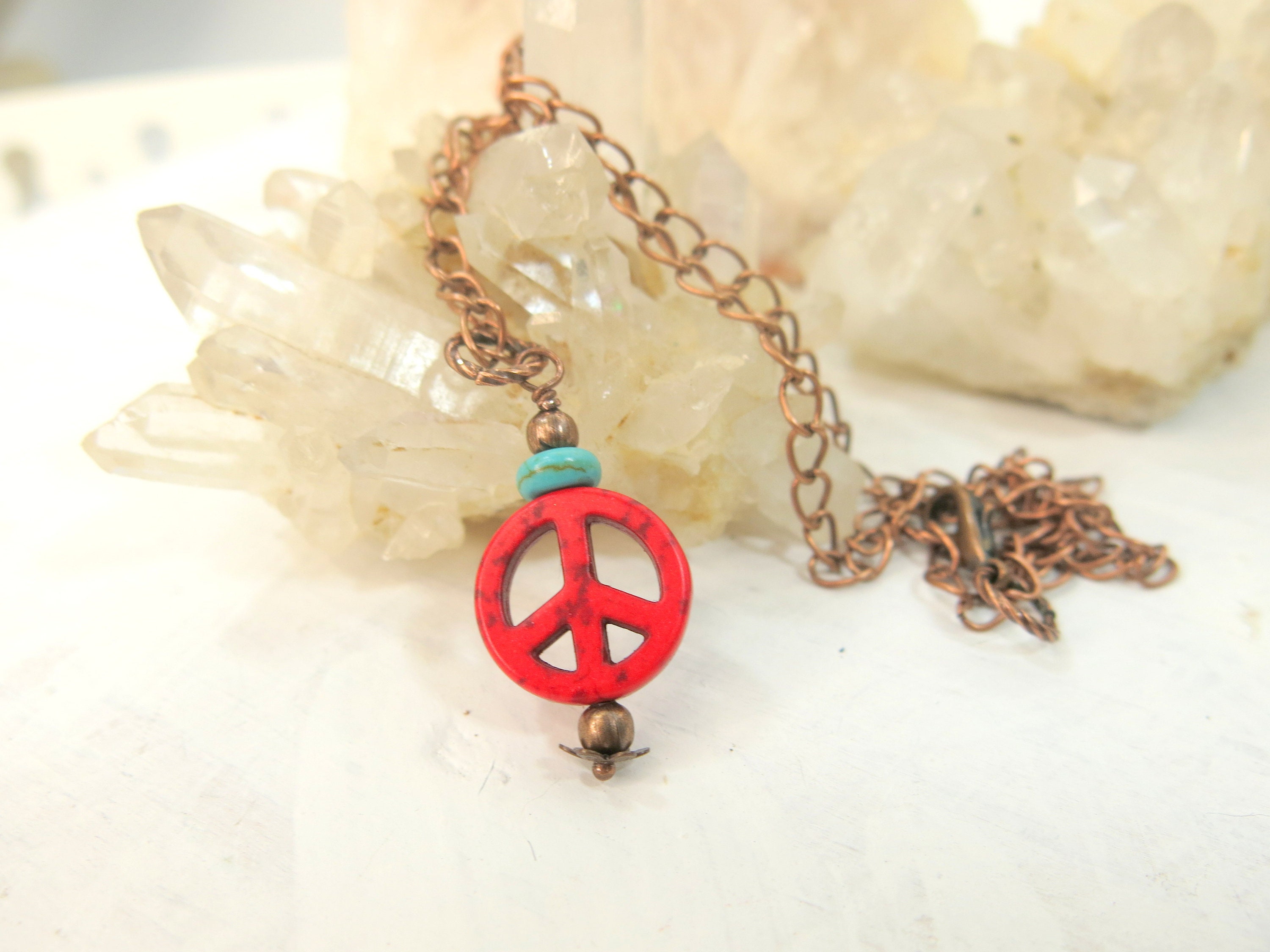 Peace Sign Copper Necklace Hippie Necklace Bohemian Peace Pendant Red ...