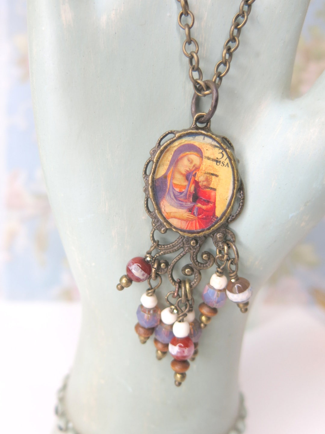 Virgin Mary Pendant Necklace for Women Long Mary Stamp Necklace Mary ...