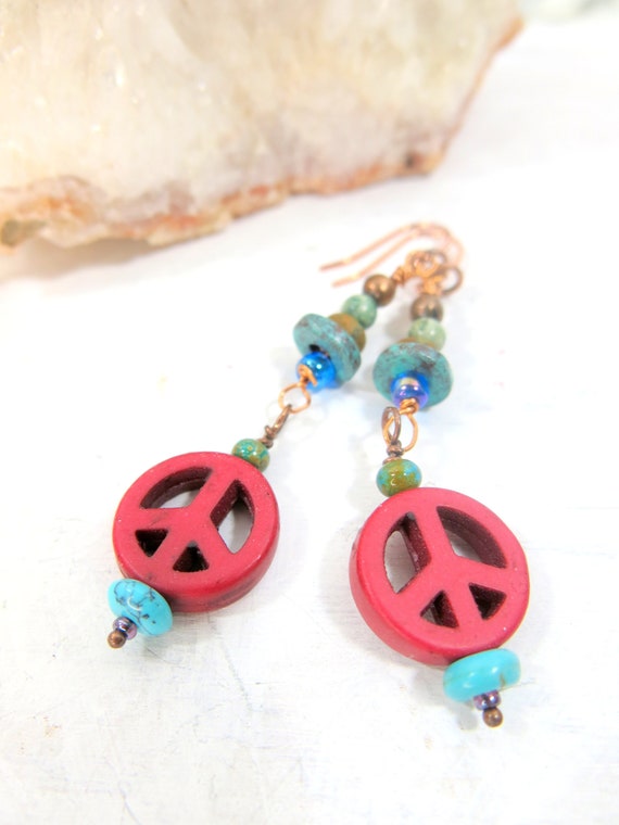 Long Dangle Drop Peace Sign Gift for Her Earrings Flower | Etsy