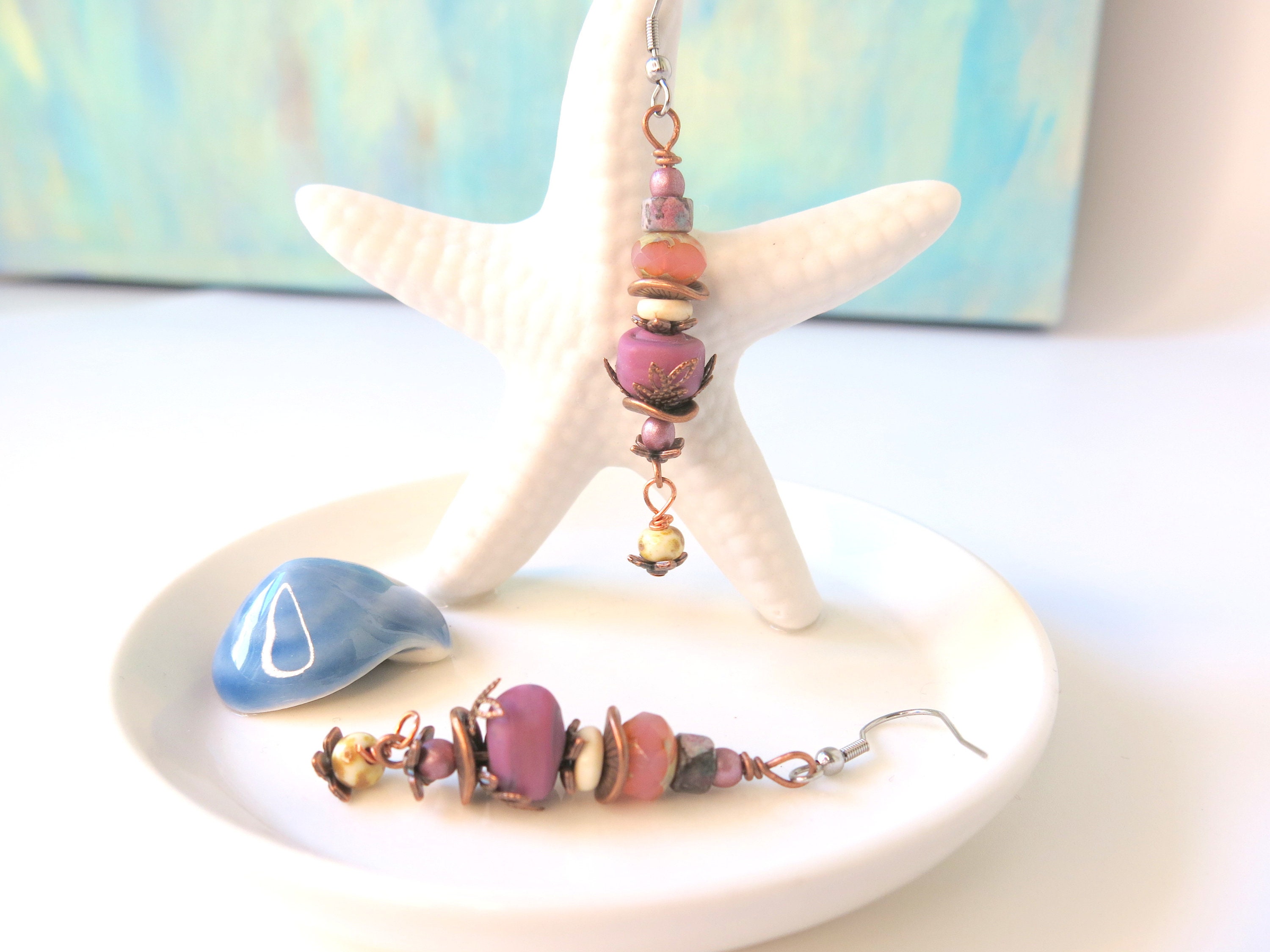 Rose Pink Dangle Drop Earrings Boho Style Dangle Earring Long Beaded ...