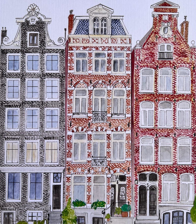 Amsterdam Buildings Original Art Print, Netherlands, Brick Buildings ...