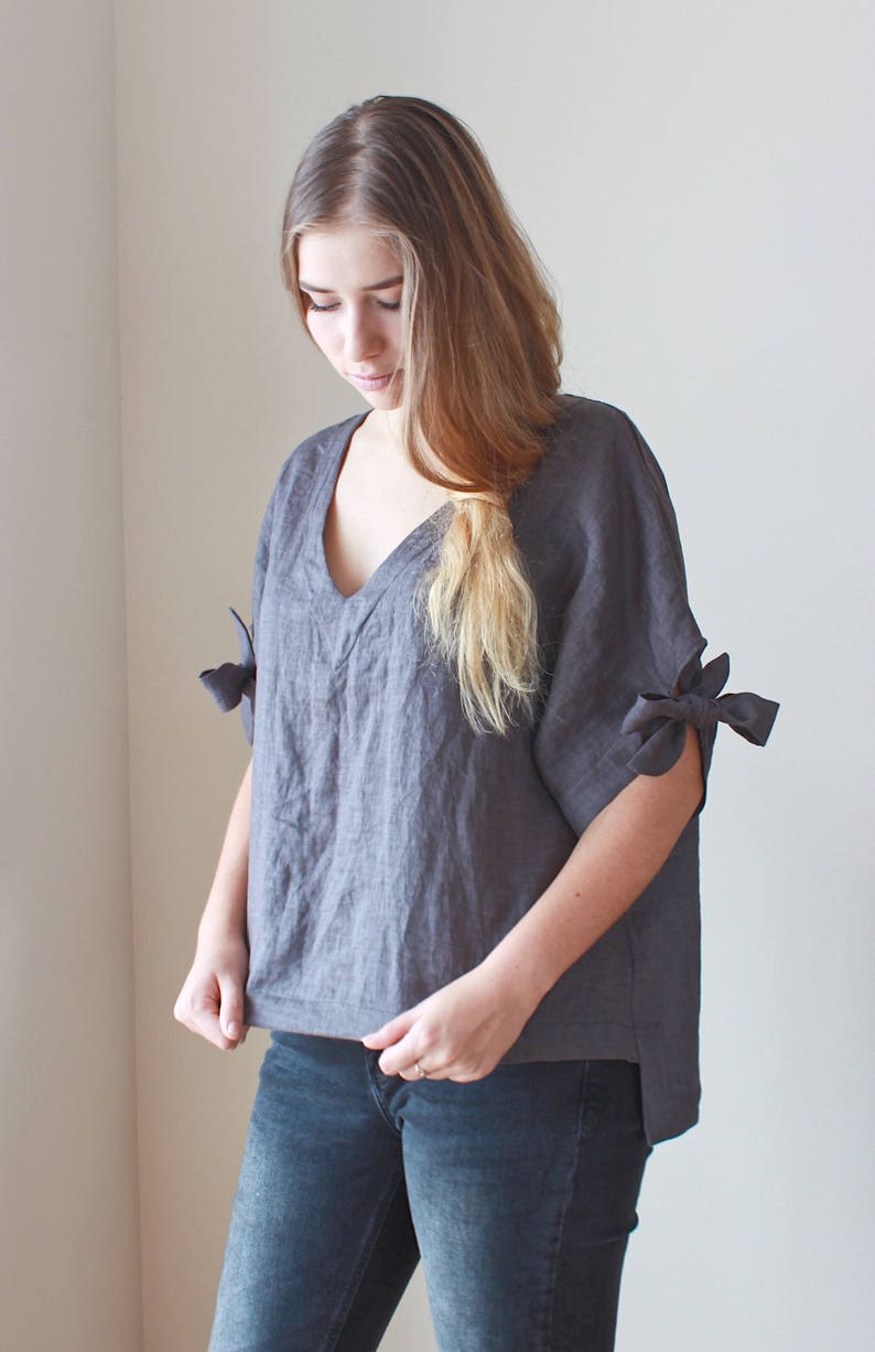 Linen Loose Bow Sleeves Top - Etsy UK
