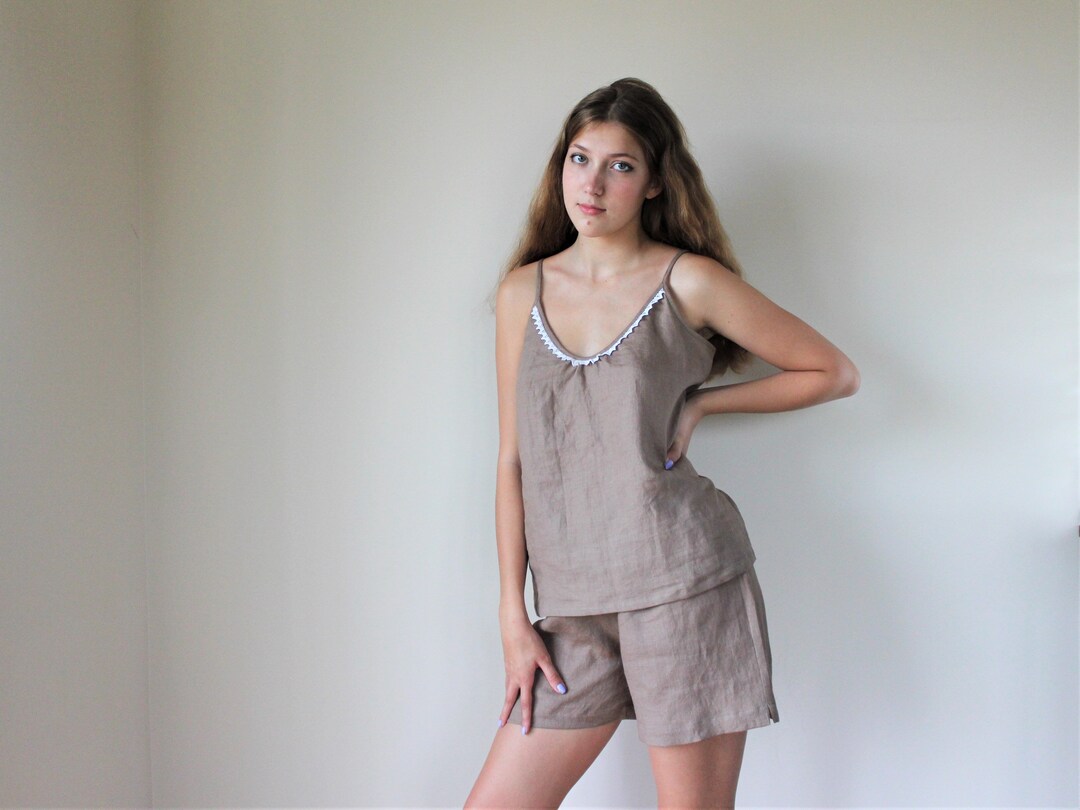 Linen Pajama Set - Lace-trimmed Cami and Shorts - Etsy