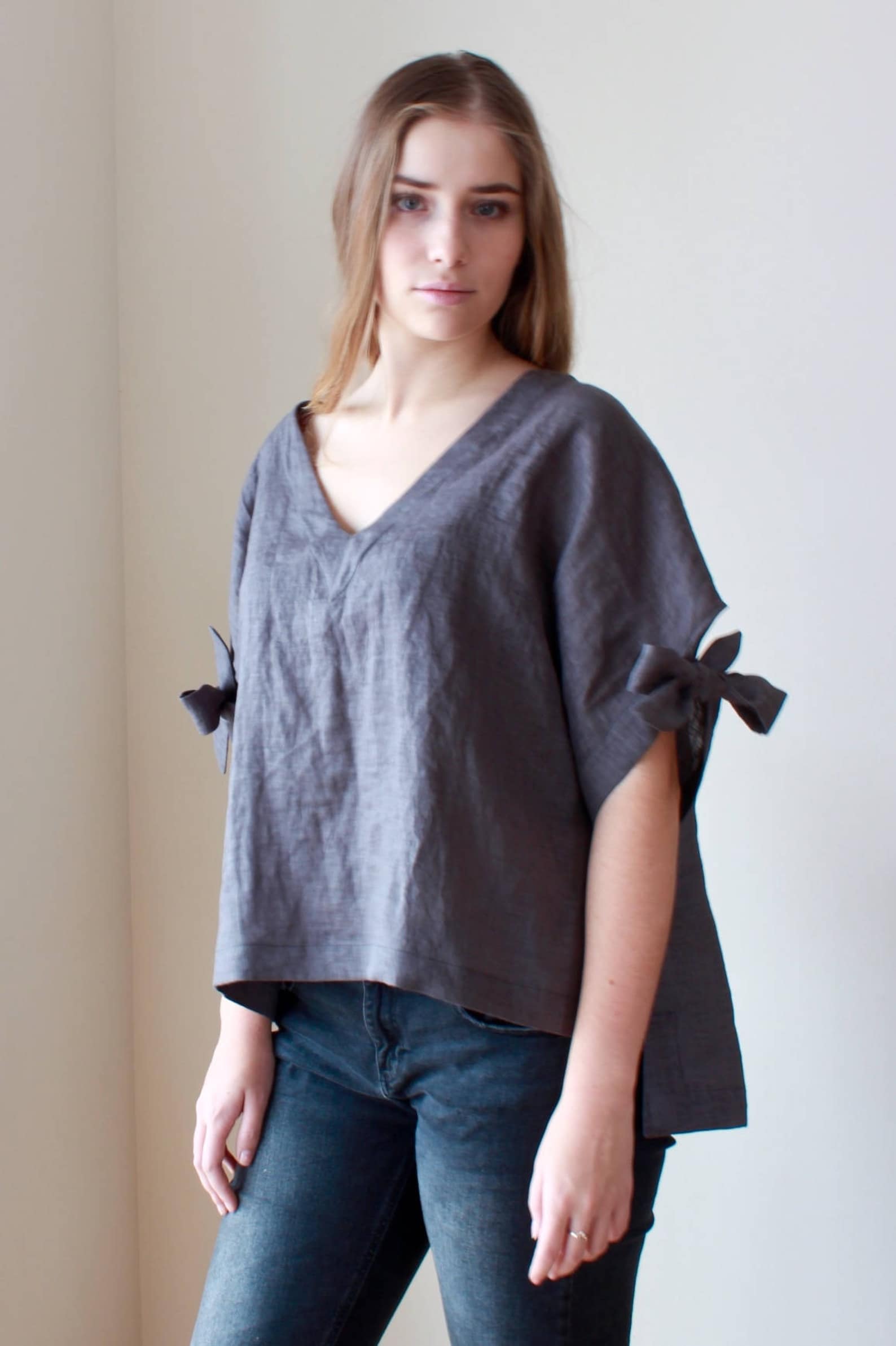 Linen Loose Bow Sleeves Top | Etsy