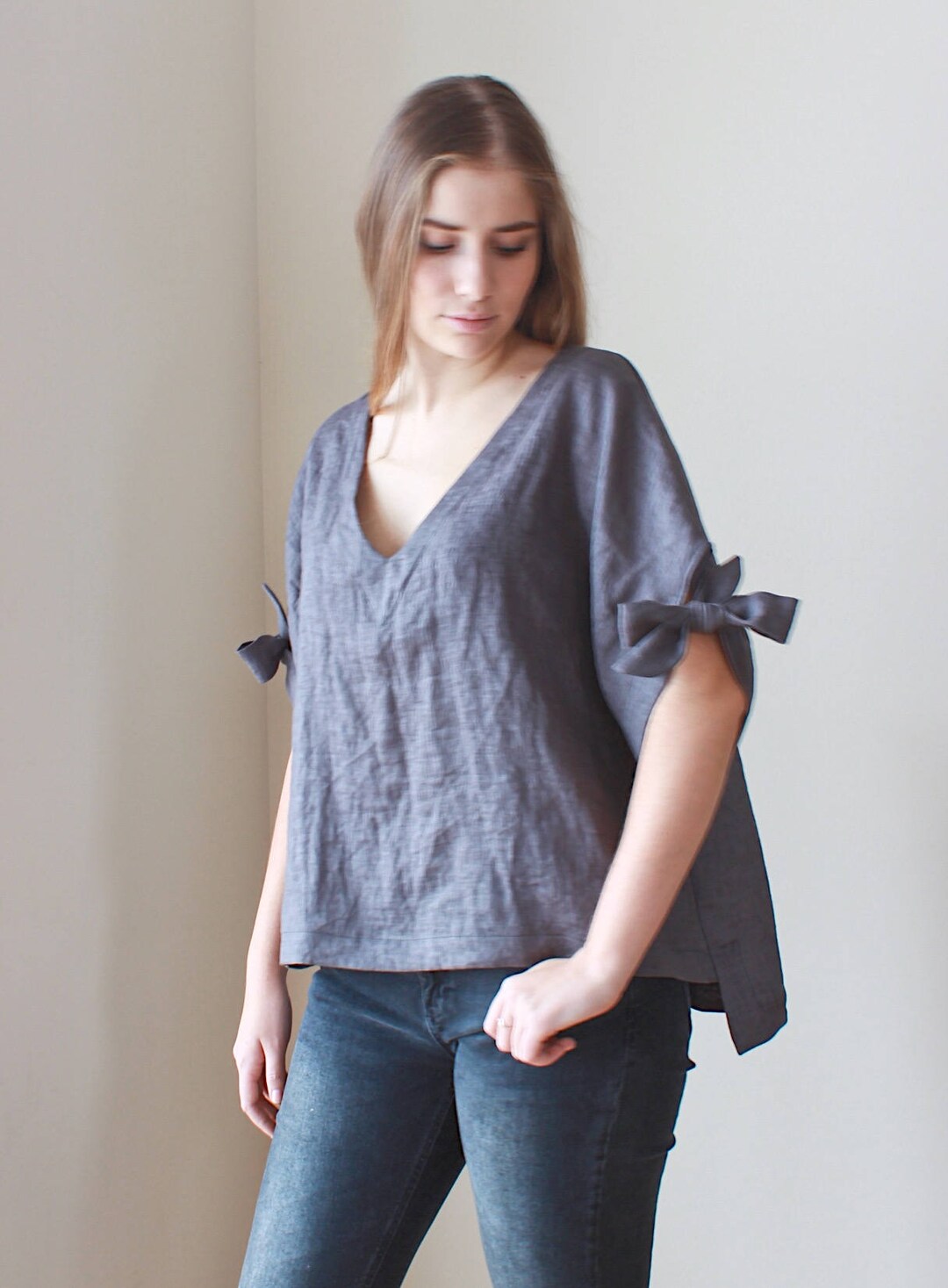 Linen Loose Bow Sleeves Top - Etsy