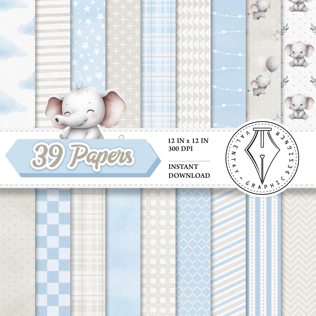 Baby Elephant Digital Paper Pack – Blue & Beige Cute Baby Shower ...