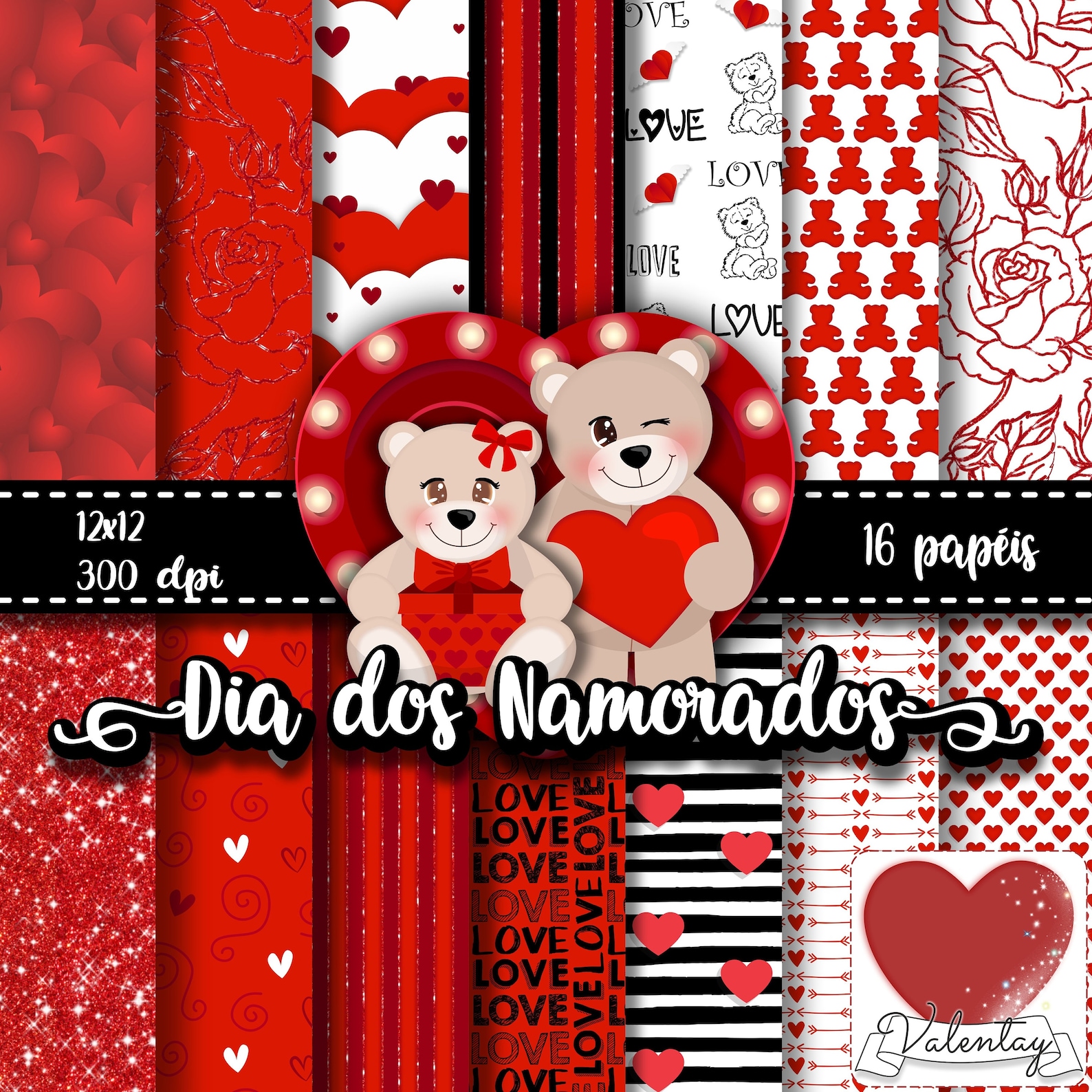 Valentine's Day Digital Paper Kit Digital Valentine's Day Teddy Bear ...